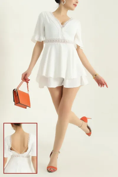 Krem Dantel İşlemeli Aerobin Keten Şort Elbise 334363