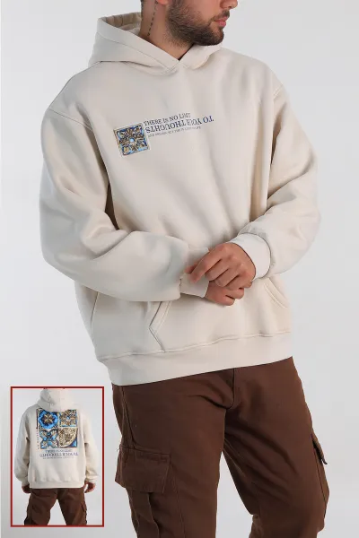 Krem Oversize Üç İp Şardonlu Sırt Baskılı Erkek Kapüşonlu Sweatshirt 308153 Krem Oversize Üç İp Şardonlu Sırt Baskılı Erkek Kapüşonlu Sweatshirt 308153