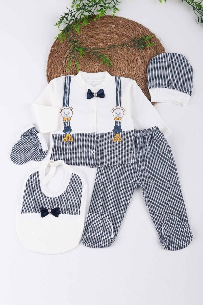 Lacivert (0-3 Ay) Papyonlu Nakışlı 5'li Erkek Bebe Zıbın Seti 217026