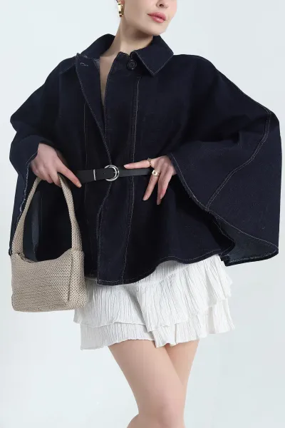 Lacivert Kemerli Pelerin Kot Ceket 344411