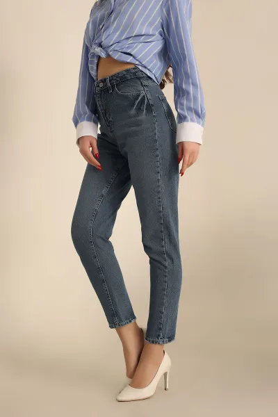 Lacivert Mom Bayan Kot Pantolon 239156 | ModamızBir | Modamizbir.Com