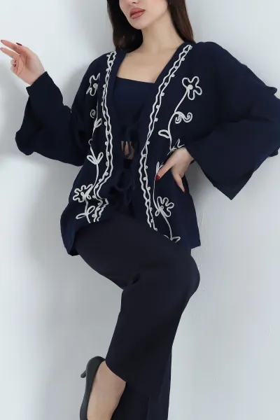 Lacivert Nakışlı Önü Bağlamalı Müslin Keten Kadın Kimono 341817