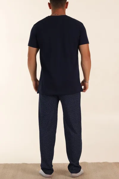 Lacivert Süprem Kumaş Yazı Detaylı Kısa Kol Erkek Pijama Takımı 372352