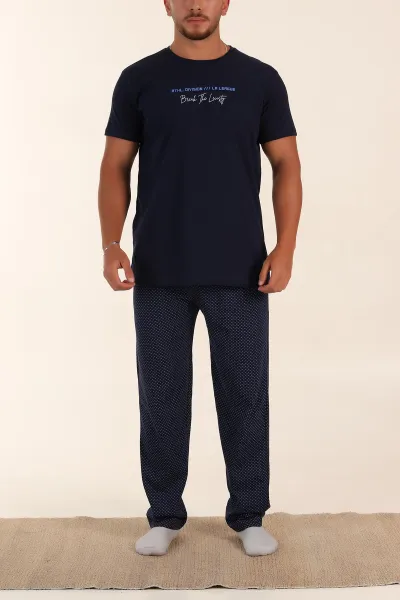 Lacivert Süprem Kumaş Yazı Detaylı Kısa Kol Erkek Pijama Takımı 372352