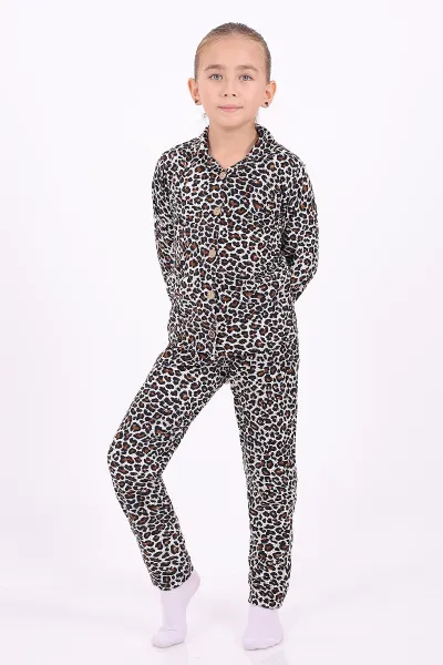 Leopar (4-12 Yaş)Desenli Düğmeli Kız Çocuk Pijama Takımı 329813