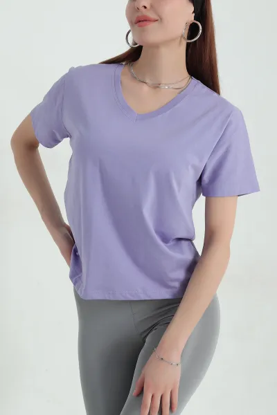 Lila V Yaka Süprem Kadın Tişört 365142