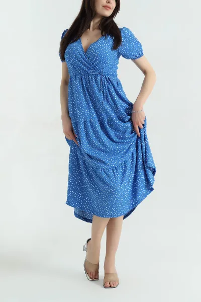 Mavi Kırınkıl Kumaş Balon Kol Kadın Elbise 371168