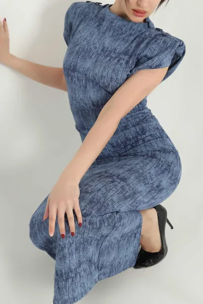 Mavi Omuzları Vatkalı Modal Elbise 341498