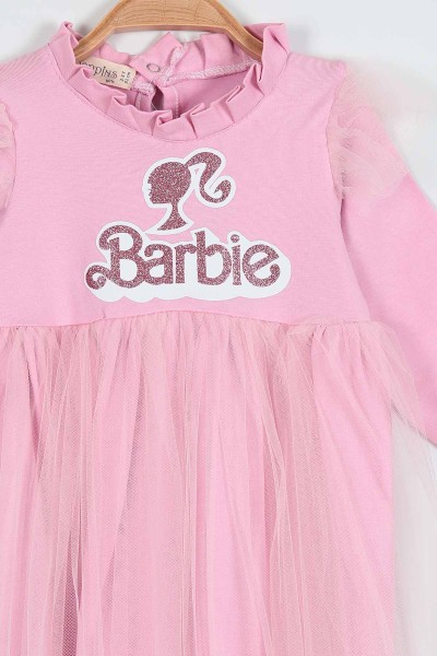 Pembe (2-5 Yaş) Barbie Baskılı Tüllü Yaka Detaylı Kız Çocuk Elbise ...