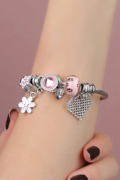 Pembe Gümüş Kalp Detaylı Zirkon Taşlı Çelik Pandora Bileklik 309978