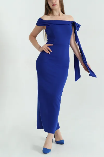 Saks Mavisi Jakarlı Krep Kadın Elbise 368425