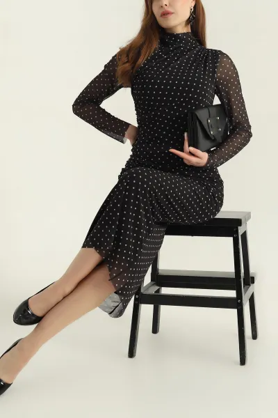 Siyah Astarlı Drapeli Tül Elbise 349092