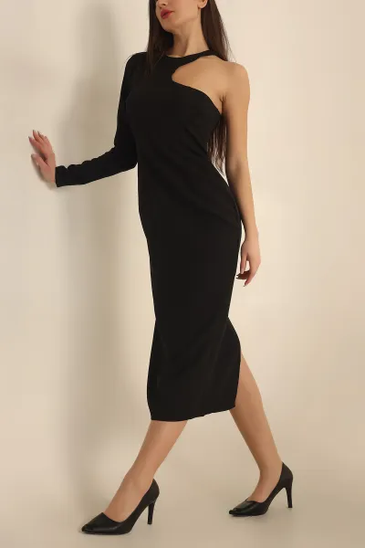 Siyah Atlas Kumaş Elbise 229822 | ModamızBir | Modamizbir.Com