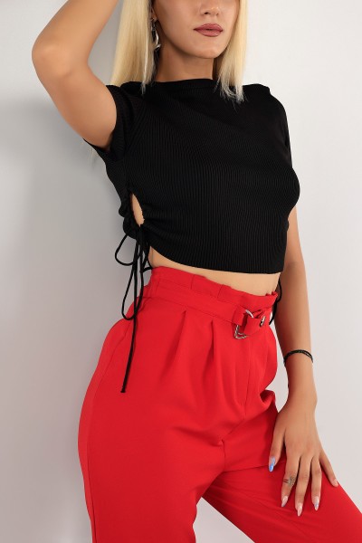 Siyah Belden Bağlamalı Triko Bluz 126003 | ModamızBir | Modamizbir.Com