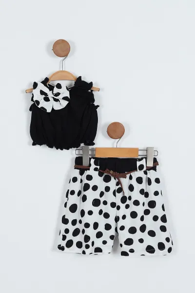 Siyah Beyaz (3-7 Yaş) Puantiye Desenli Fiyonklu Croplu Viskon Şortlu ...
