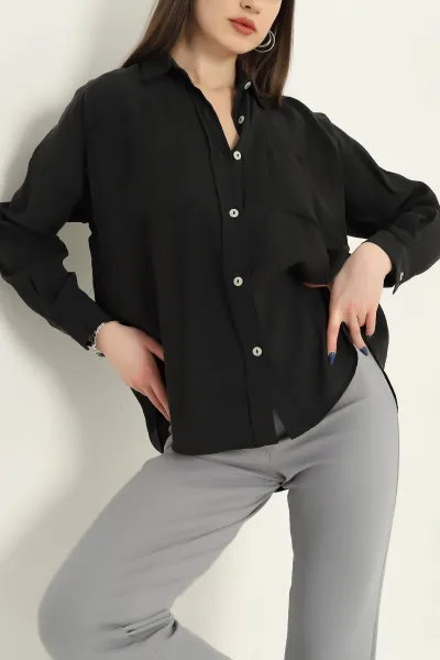 Siyah Çift Cepli Modal Kadın Gömlek 345422