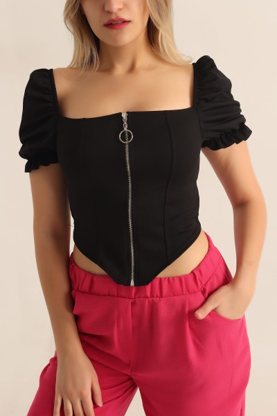 Siyah Fermuarlı Tasarım Bluz 186502 | ModamızBir | Modamizbir.Com