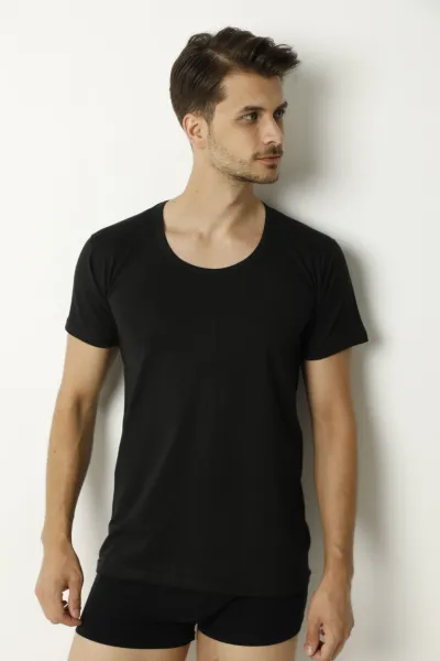 Siyah Geniş Yaka Kısa Kollu Erkek Fanila 281197 | ModamızBir ...