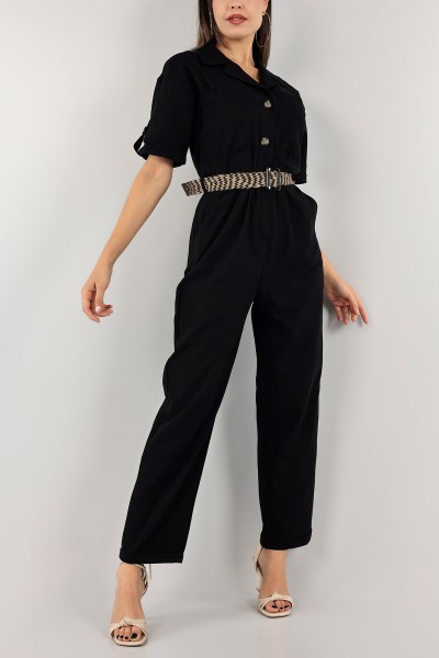 Siyah Hasır Kemerli Bayan Keten Tulum 127679 | ModamızBir | Modamizbir.Com