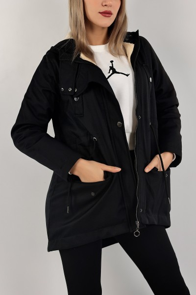 Siyah İçi Kürklü Bayan Kaban 138390 | ModamızBir | Modamizbir.Com