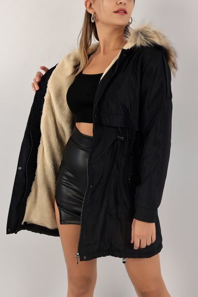 Siyah İçi Kürklü Bayan Mont 138380 | ModamızBir | Modamizbir.Com