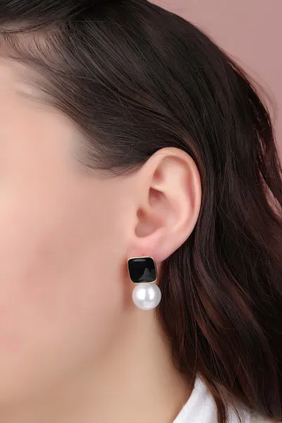 Siyah İnci Sallantılı Kare Model Küpe 333453