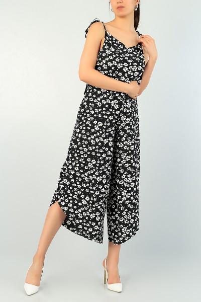 Siyah İp Askılı Desenli Bayan Tulum 71827 | ModamızBir | Modamizbir.Com