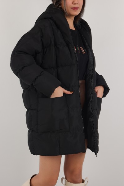 Siyah Kapüşonlu Dolumlu Şişme Bayan Mont 153237 | ModamızBir ...