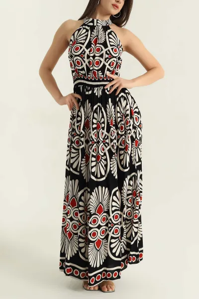 Siyah Kolsuz Dokuma Desenli Kadın Elbise 365901