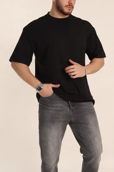 Siyah Oversize Jakarlı Basic Erkek Tişört 342510