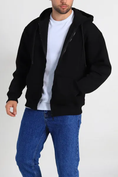 Siyah Oversize Üç İp Şardonlu Basic Erkek Fermuarlı Sweatshirt 306546