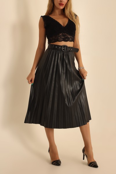 Siyah Pliseli Deri Etek 204568 | ModamızBir | Modamizbir.Com