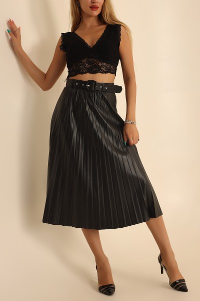 Siyah Pliseli Deri Etek 204568 | ModamızBir | Modamizbir.Com