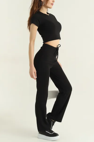 Siyah Ribana Pantolon Crop Kadın İkili Takım 355708