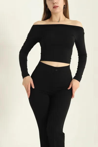 Siyah Sendy Kumaş Kayıkçı Yaka Bluz 319477