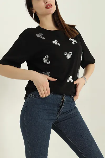 Siyah Taşlı Bisiklet Yaka Süprem Kadın Tişört 353816