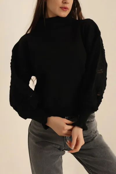 Siyah Triko Kol Detay Bayan Kazak 228476 | ModamızBir | Modamizbir.Com