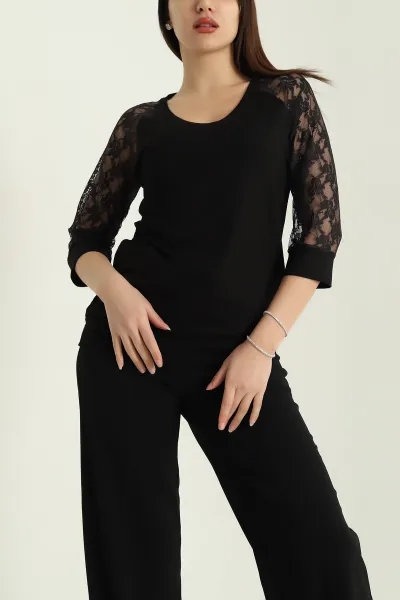 Siyah V Yaka Güpür Detay Bluz 335087