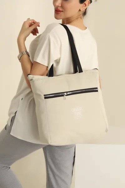 Taş Çift Fermuarlı Yazı Detaylı El Kol ve Omuz Çantası 255883 ...