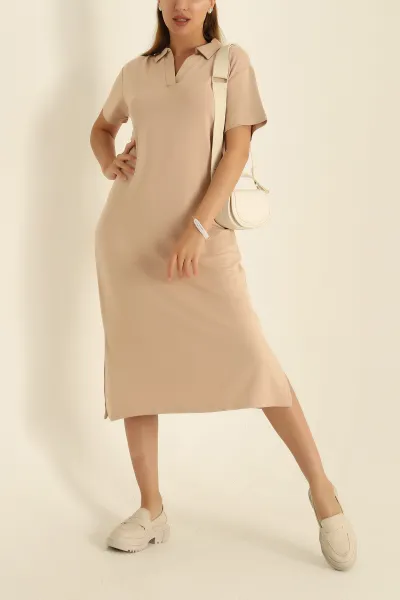 Taş Yakalı Yırtmaçlı Modal Elbise 278735 | ModamızBir | Modamizbir.Com