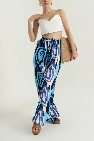 Turkuaz Beli Lastikli Kadın Dokuma Pantolon 378970