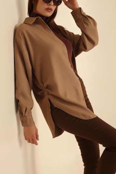 Vizon Büzgülü Kaşe Gömlek 206416 | ModamızBir | Modamizbir.Com