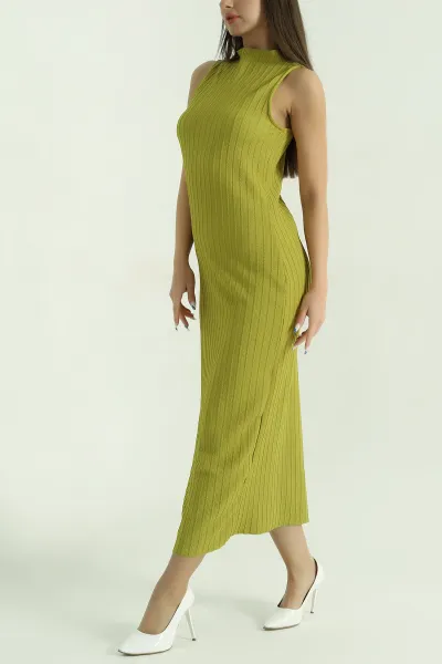 Yağ Yeşili Örgü Bürümcük Kolsuz Kadın Elbise 368207