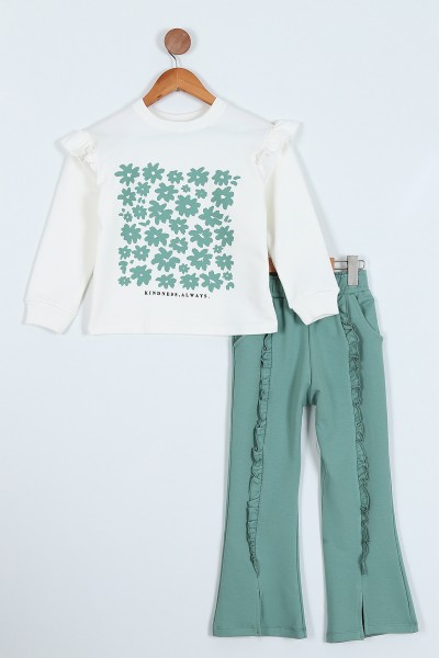 Yeşil (6-13 Yaş) Omuz Ve Alt Fırfırlı Yırtmaçlı Çiçek Baskılı Kız Çocuk ...