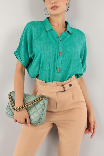 Yeşil Çift Düğme Tasarımlı Keten Gömlek 127940 | ModamızBir ...