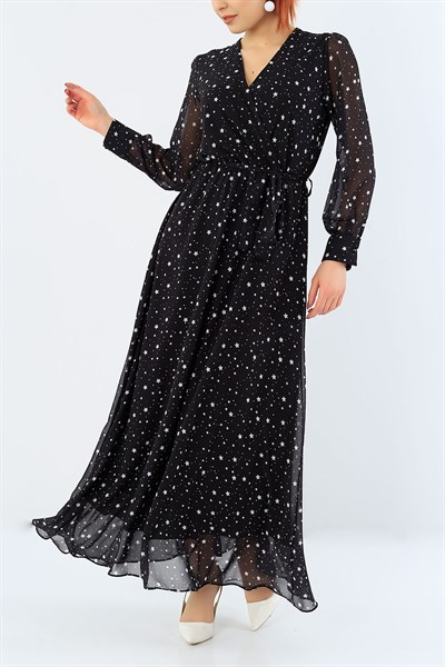74,95 TL Yıldız Desenli Şifon Siyah Elbise 29173B | Modamızbir ...